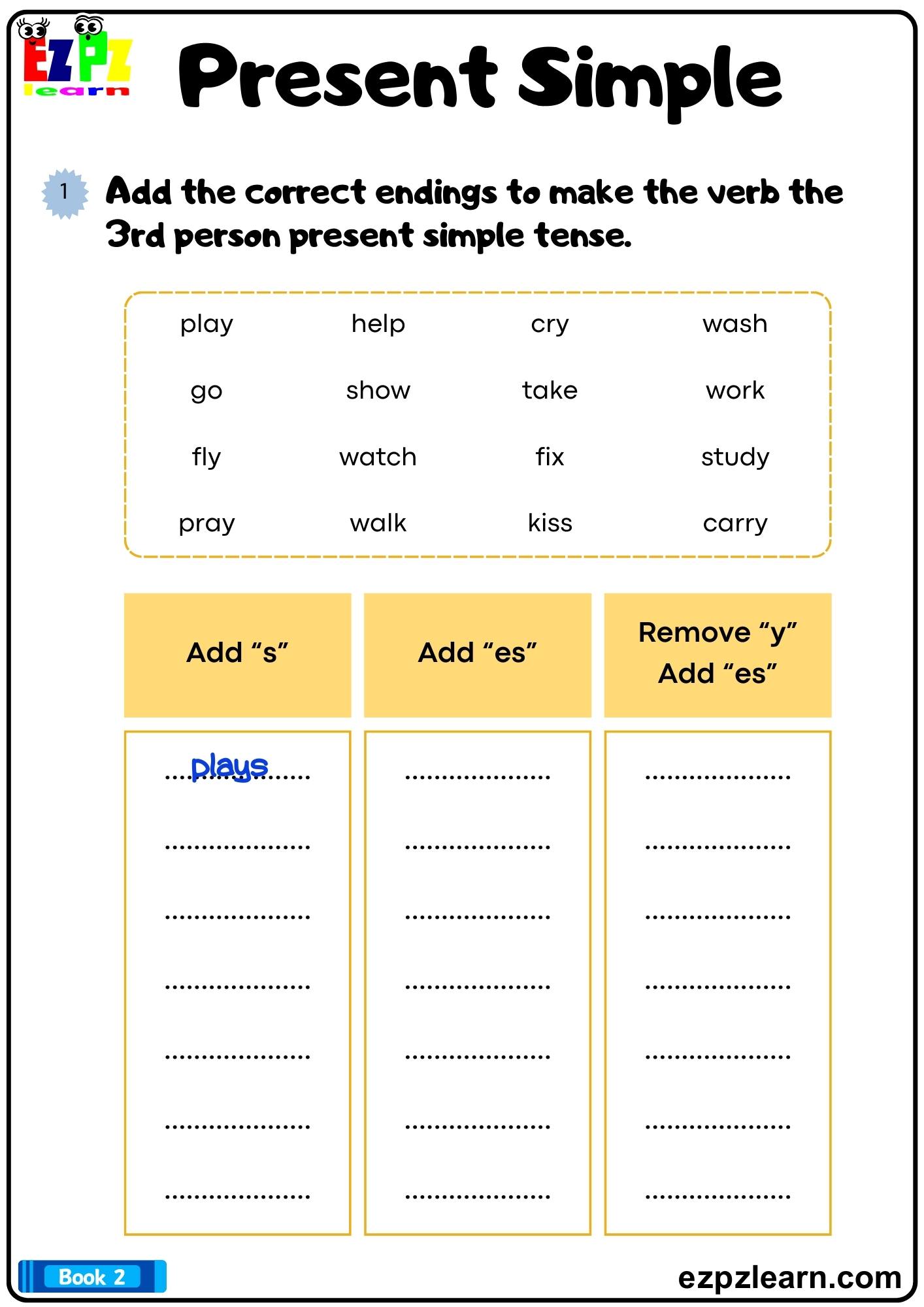 Present Simple Add the Correct Endings Grammar Worksheet Bk2 Downloadable pdf - Ezpzlearn.com